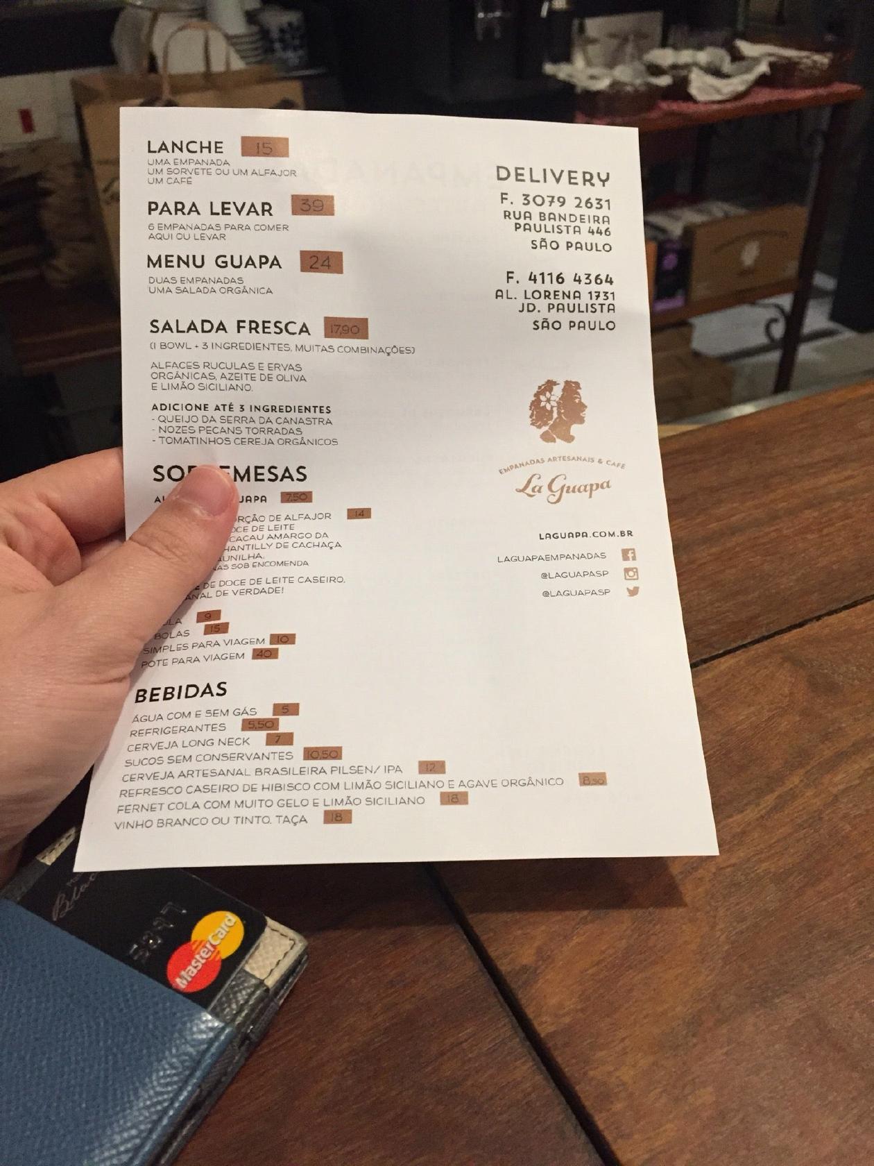 Menu em La Guapa Empanadas café, São Paulo, R. Bandeira Paulista