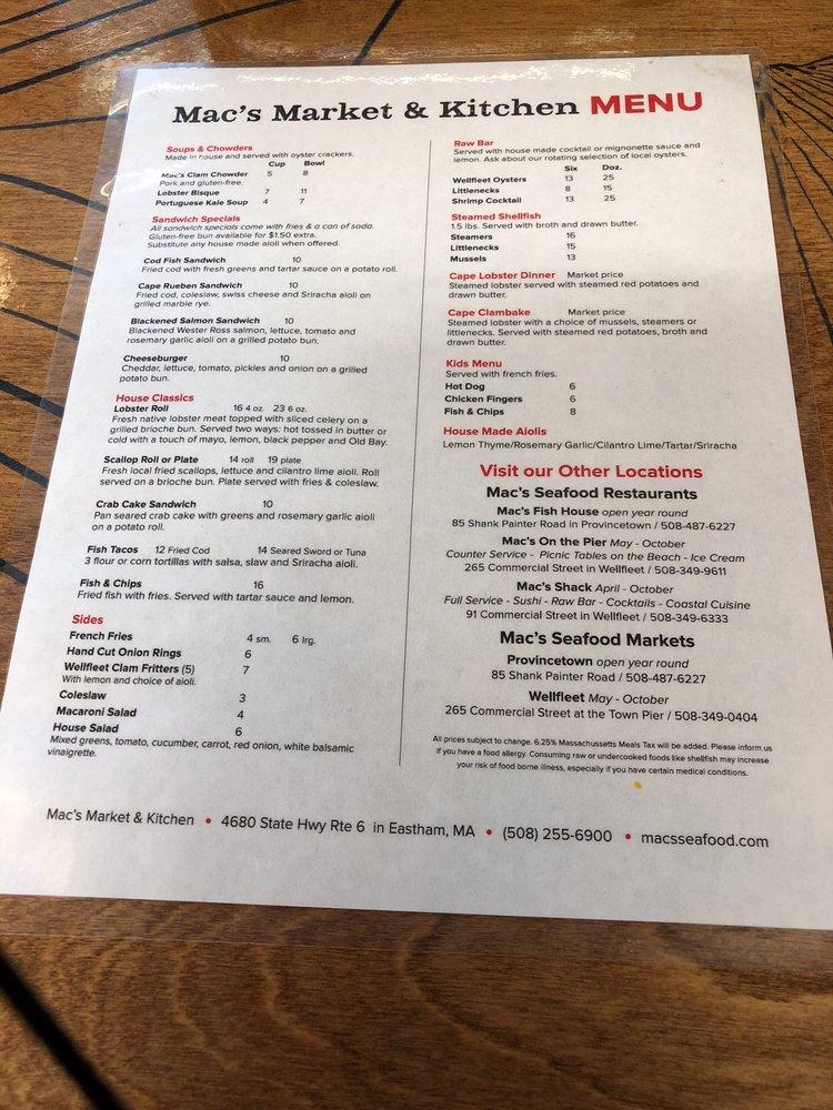 Menu at Mac's Market & Kitchen restaurant, Eastham