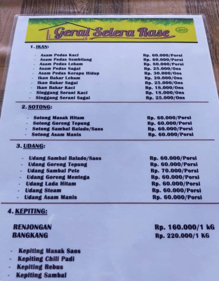 Menu at Restoran Kampung - Gerai Selera Rase restaurant, Batam