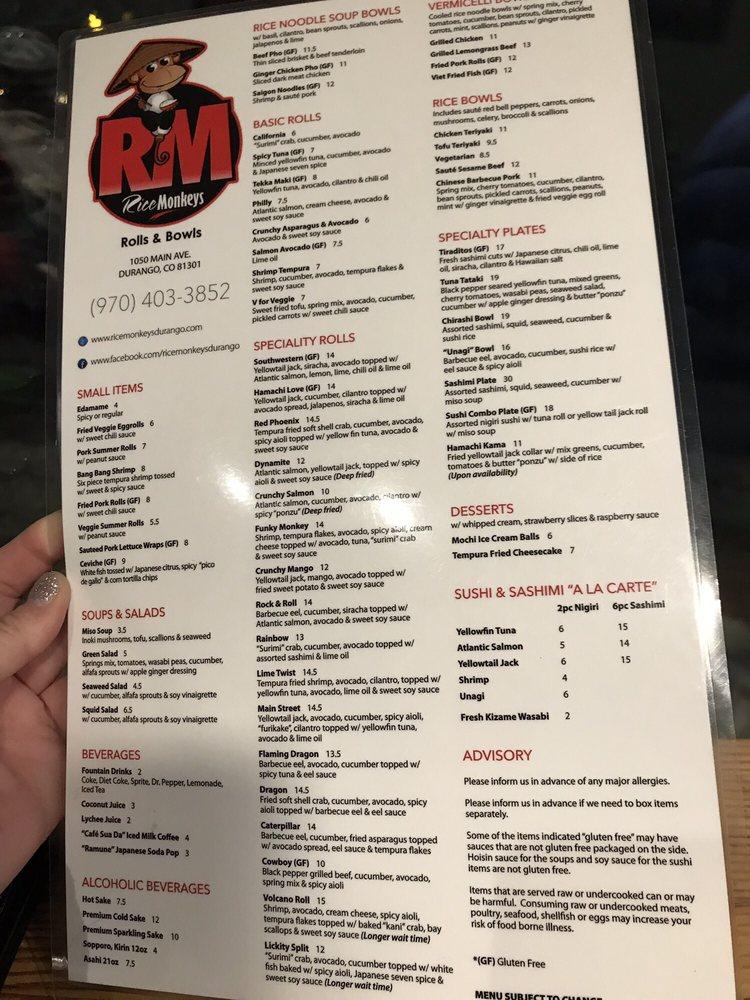 Menu at Rice Monkey restaurant, Durango