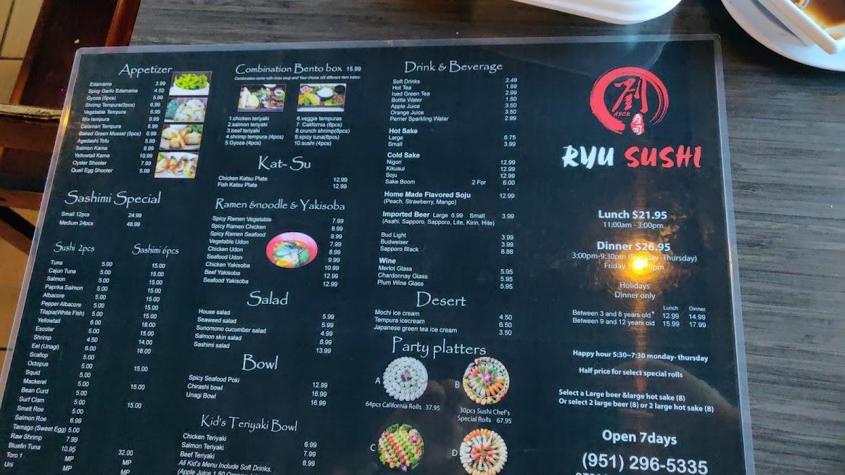 Menu at Ryu sushi restaurant, Temecula