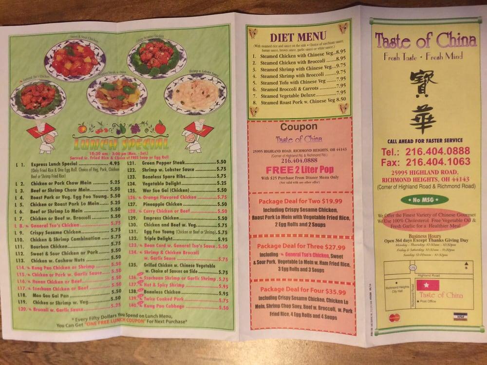Menu at Taste of China restaurant, Richmond Heights, 25995 Highland Rd