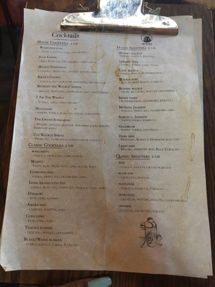 Menu at The Walrus Bar & Hostel, London