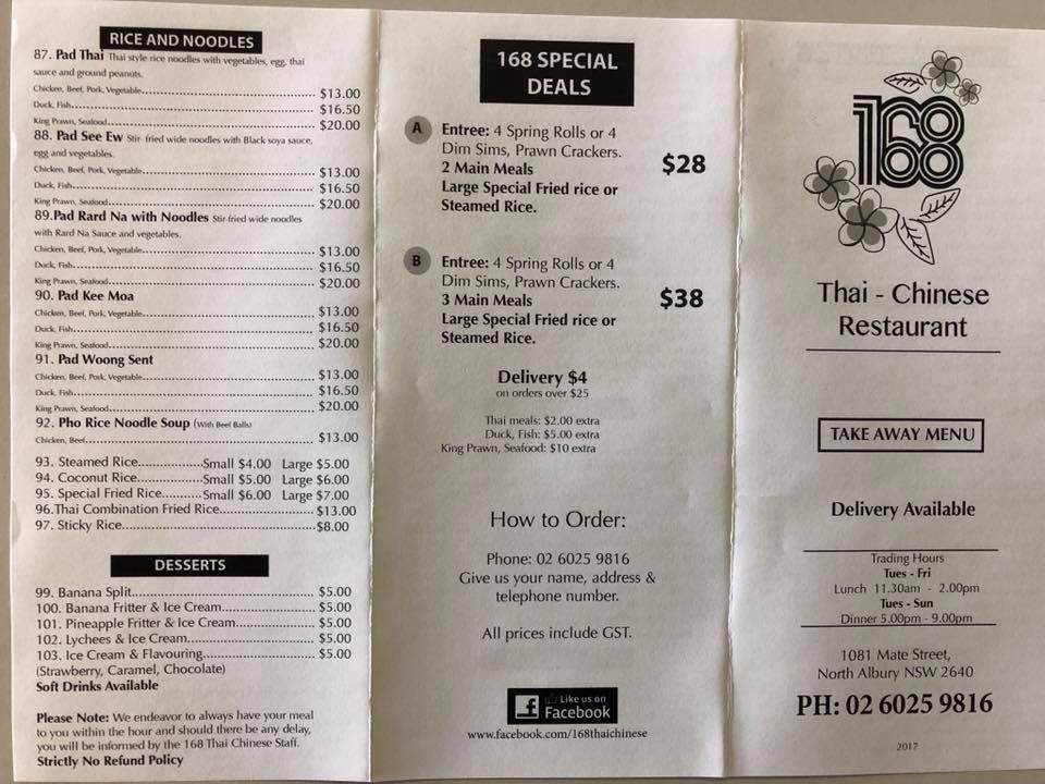 Menu at 168 Thai Chinese fast food, Albury