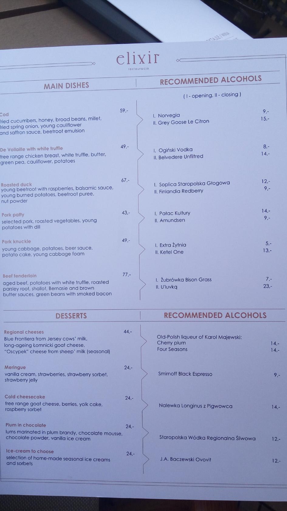 Menu at ELIXIR by Dom Wódki pub & bar, Warsaw