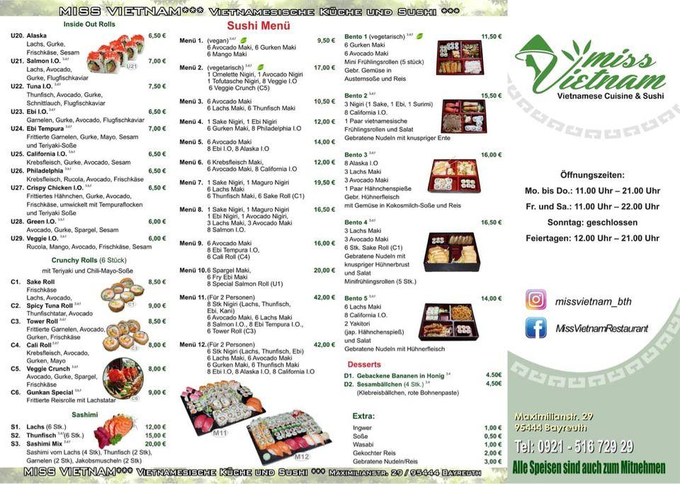 Speisekarte von Miss Vietnam restaurant, Bayreuth
