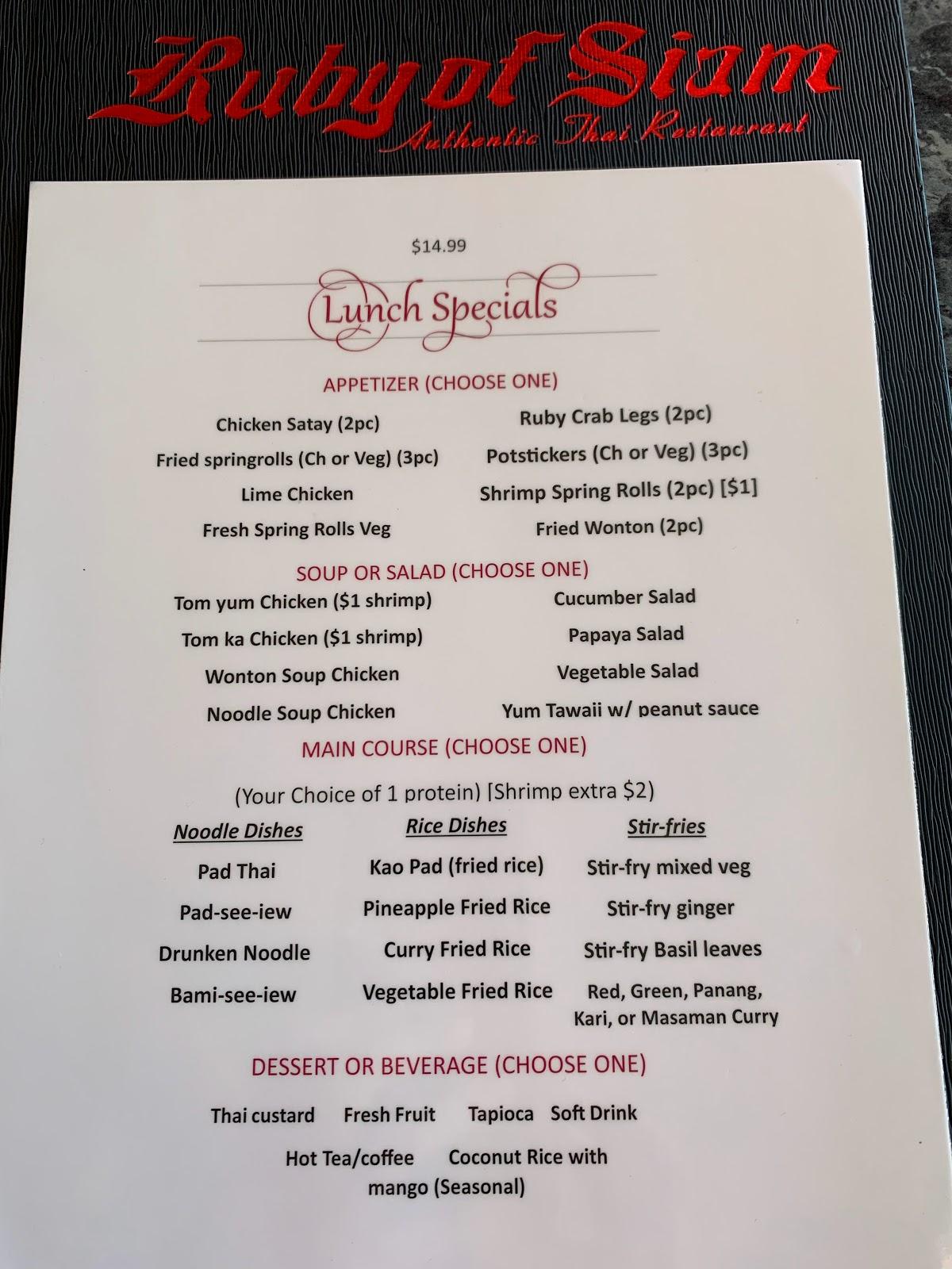 Menu at Ruby of Siam restaurant, Skokie, Skokie Blvd