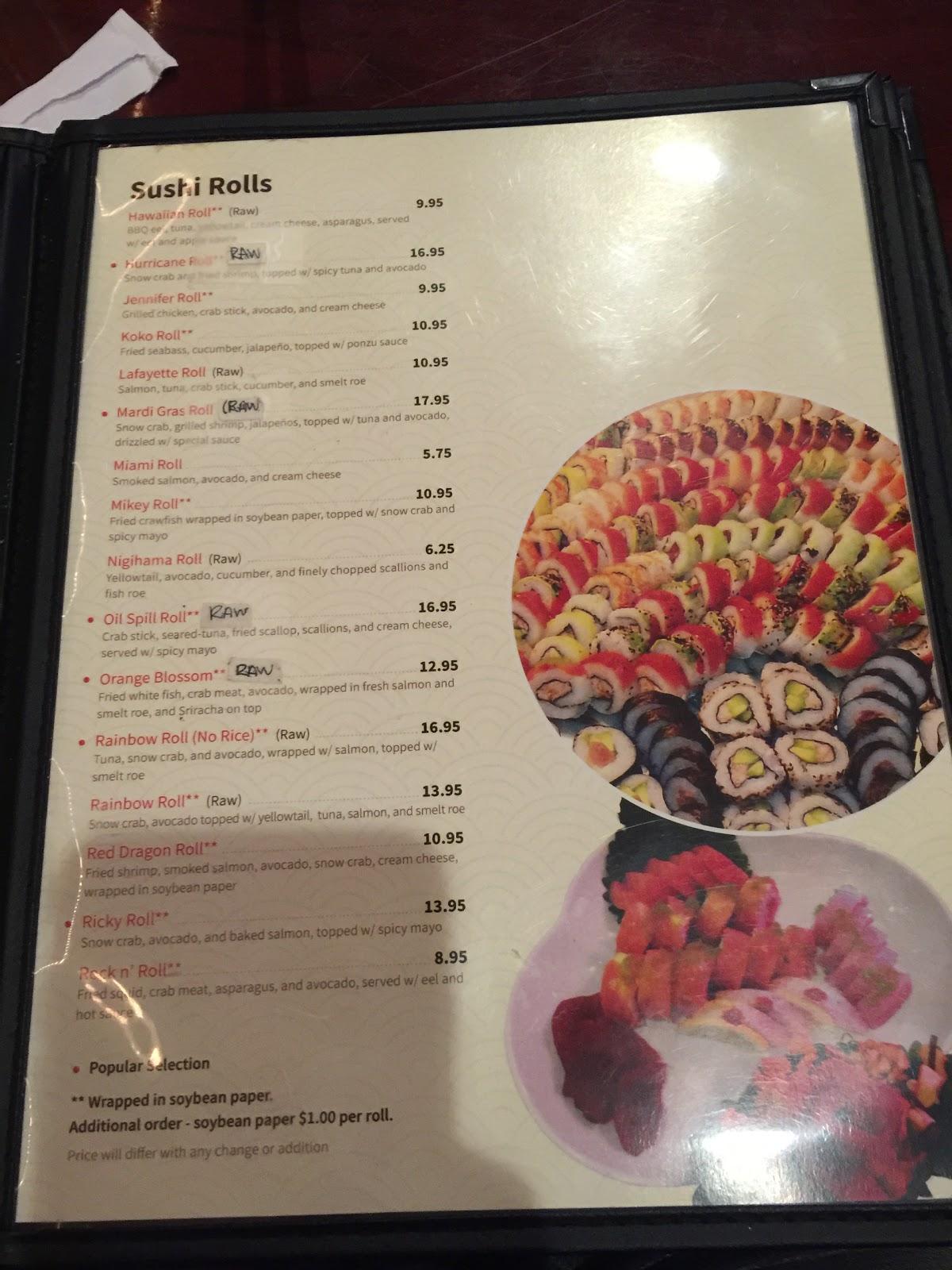 Menu at Samurai Sushi Bar Two, Broussard