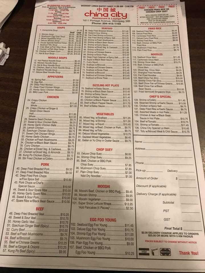 Menu at China City restaurant, Winnipeg