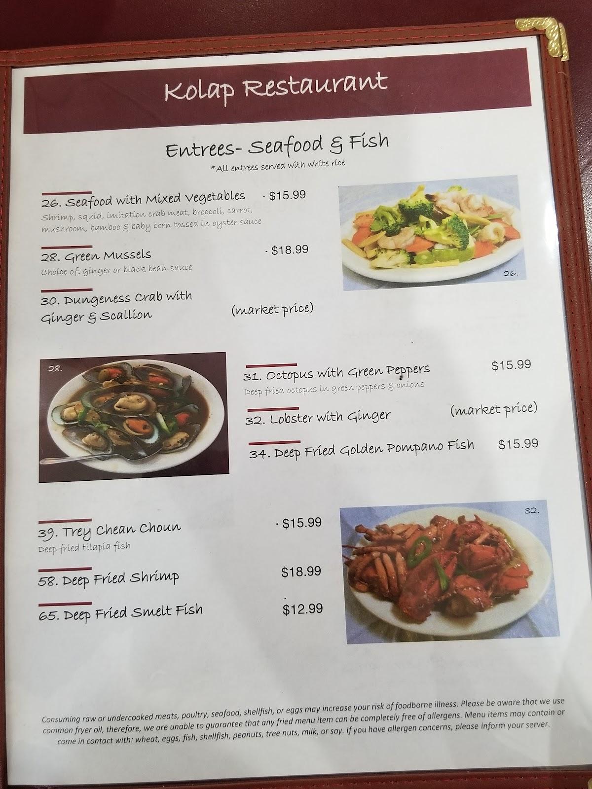 Menu at Kolap Restaurant, Saint Paul