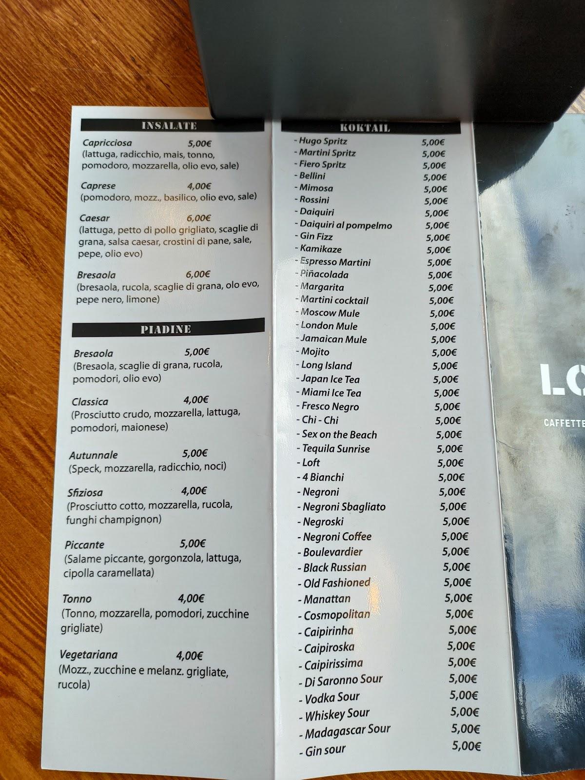 Menu da Loft Cafè pub & bar, Barrafranca