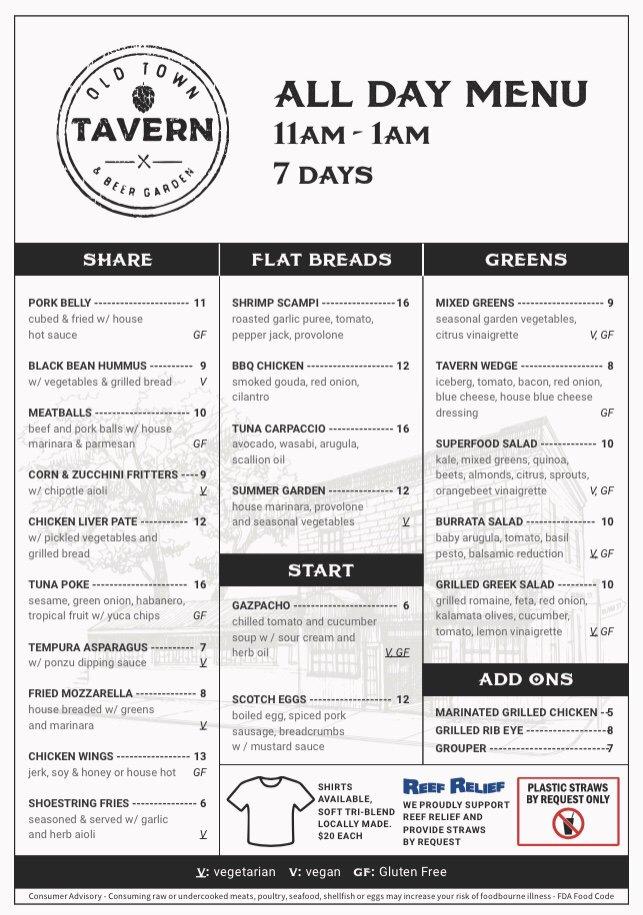 Menu at Old Town Tavern & Beer Garden restaurant, Key West, 900 Duval St