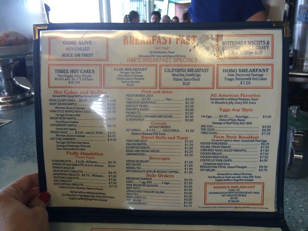 Menu at Rae's Restaurant, Santa Monica