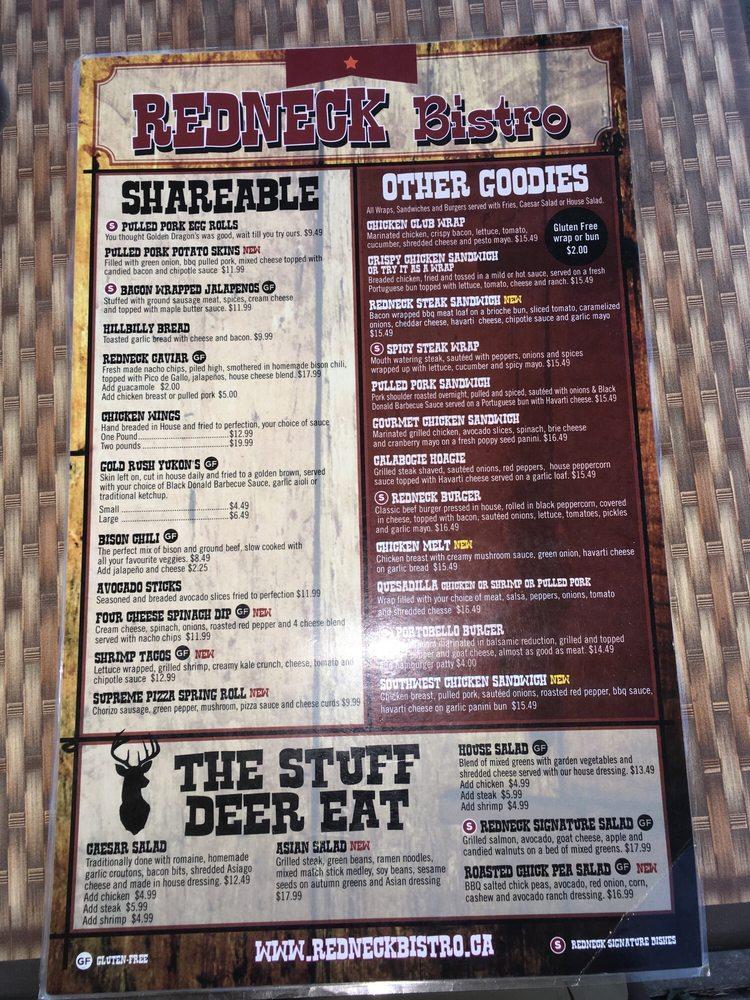 Carta del restaurante Redneck Bistro, Calabogie