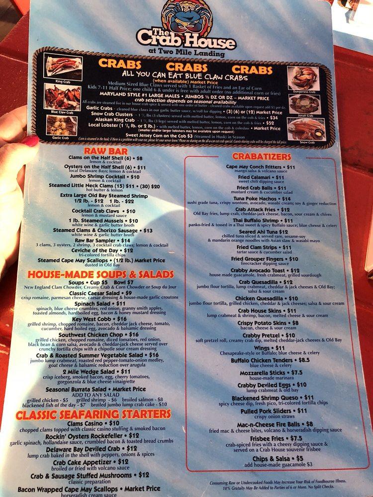 Menu at Two Mile Crab House pub & bar, Wildwood Crest