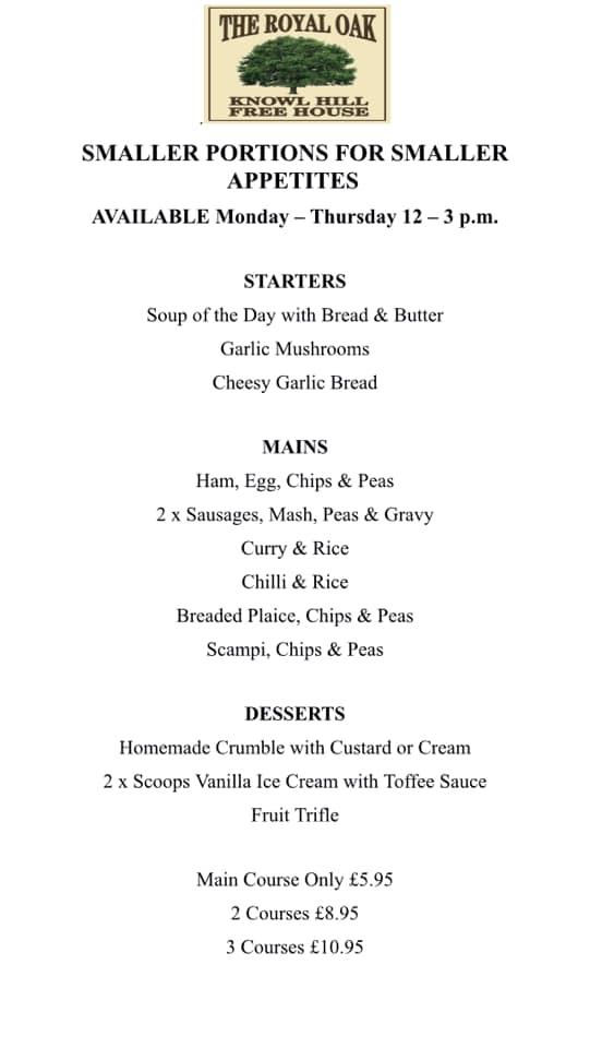Menu at The Royal Oak pub & bar, Hare Hatch, Knowl Hill Common
