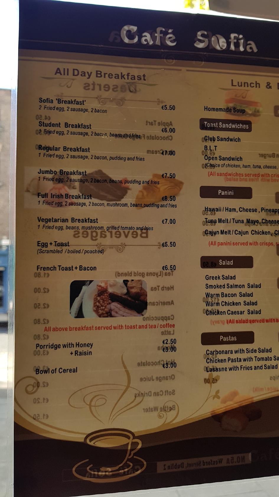 Menu at Cafe Sofia, Dublin