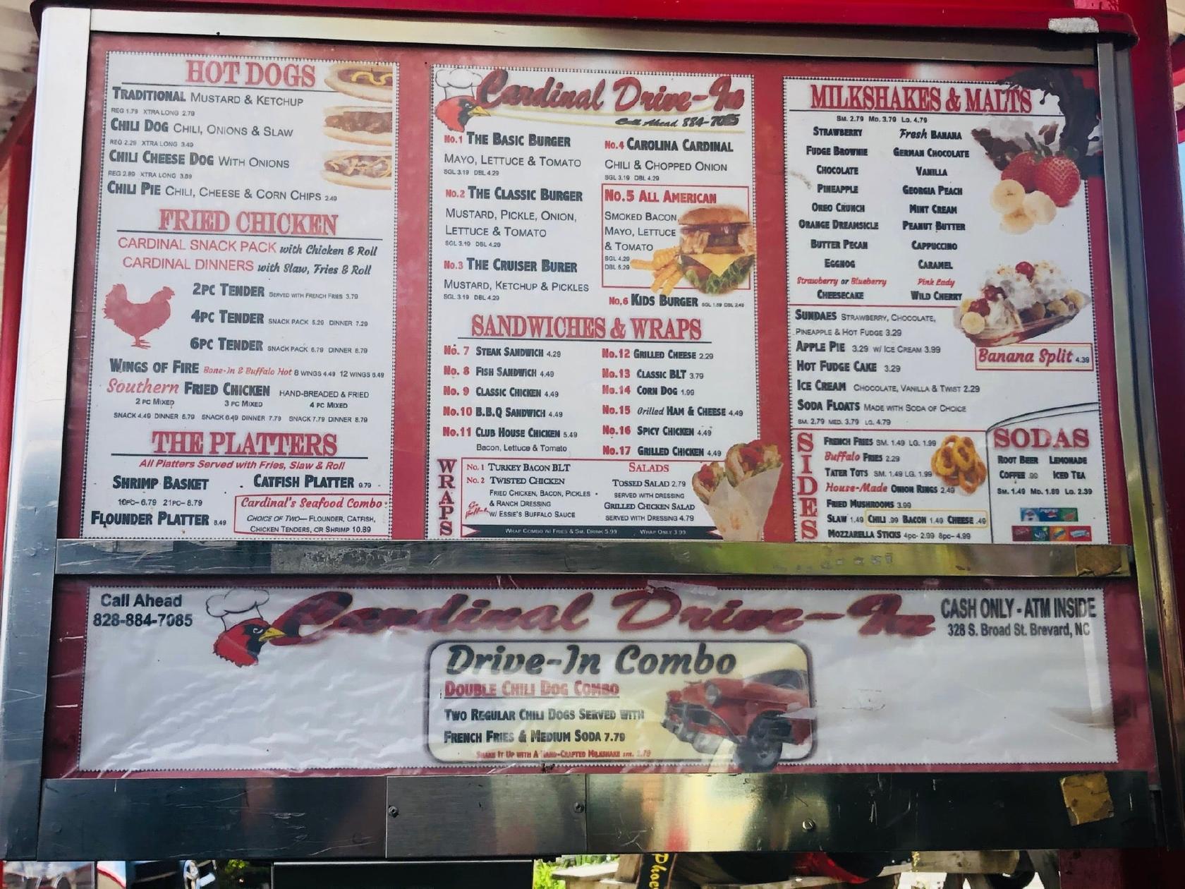 Menu at Cardinal Drive-In restaurant, Brevard