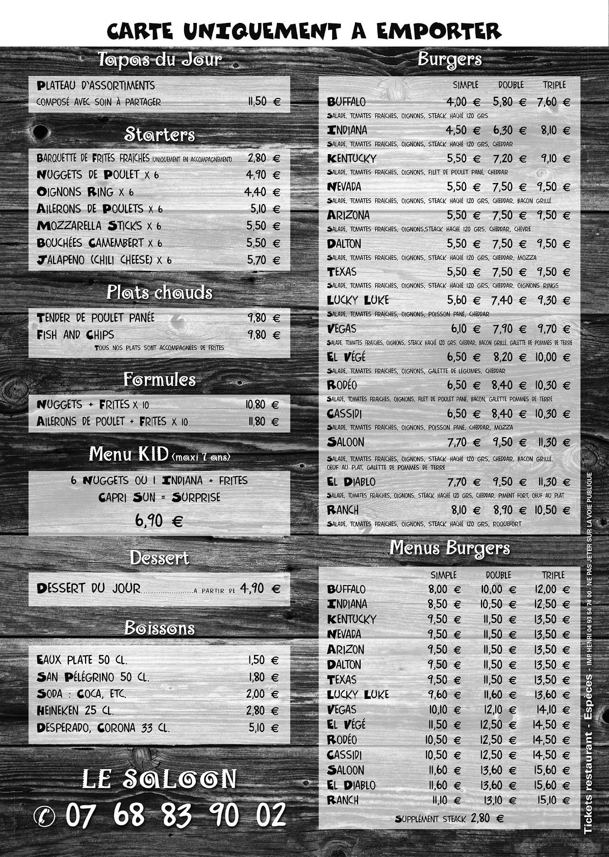 Menu au Le Saloon restaurant, Contes