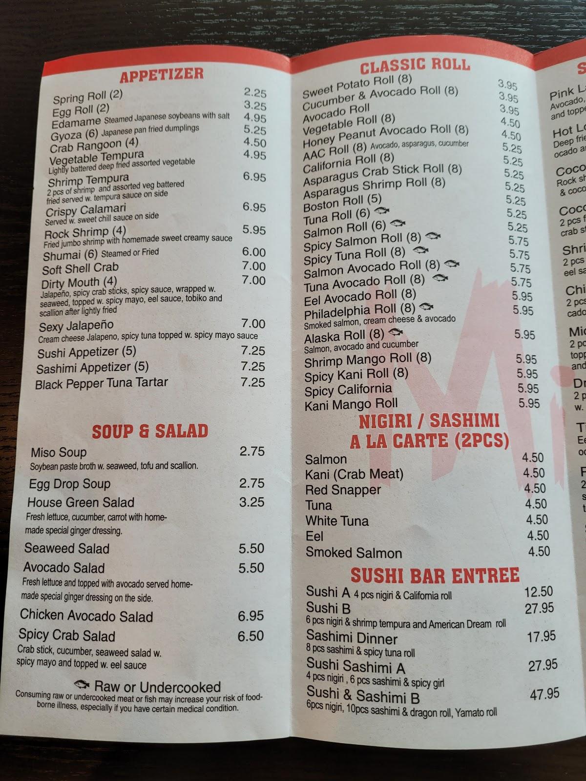 Menu at Mizu Sushi & Hibachi Express restaurant, Indianapolis