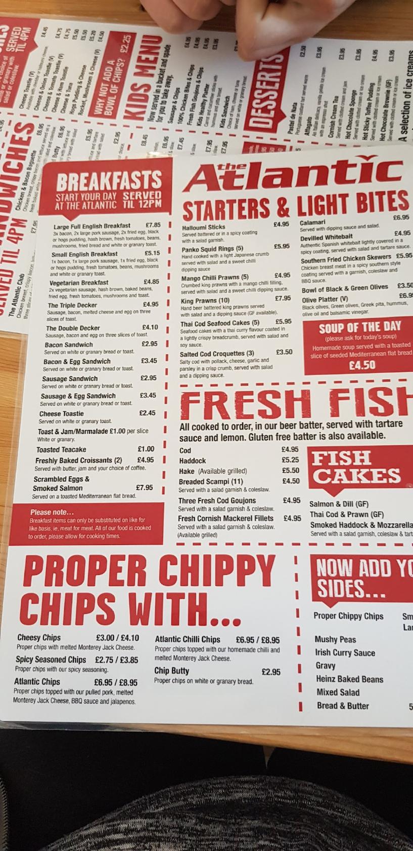 Menu at The Atlantic Cafe Bar, Redruth