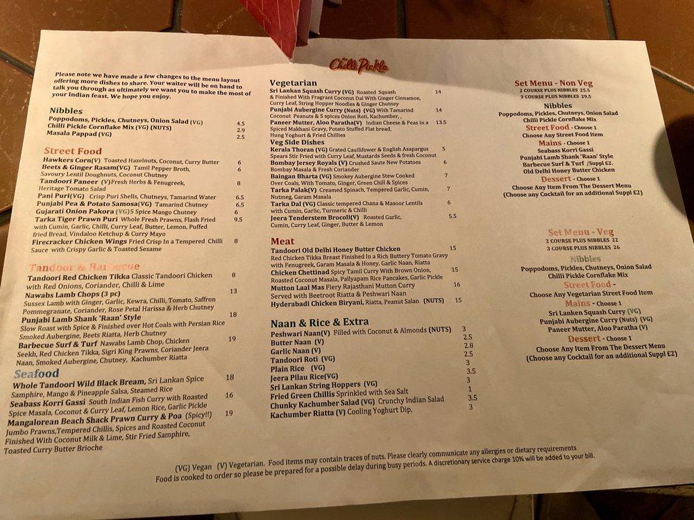 Menu at The Chilli Pickle restaurant, Brighton