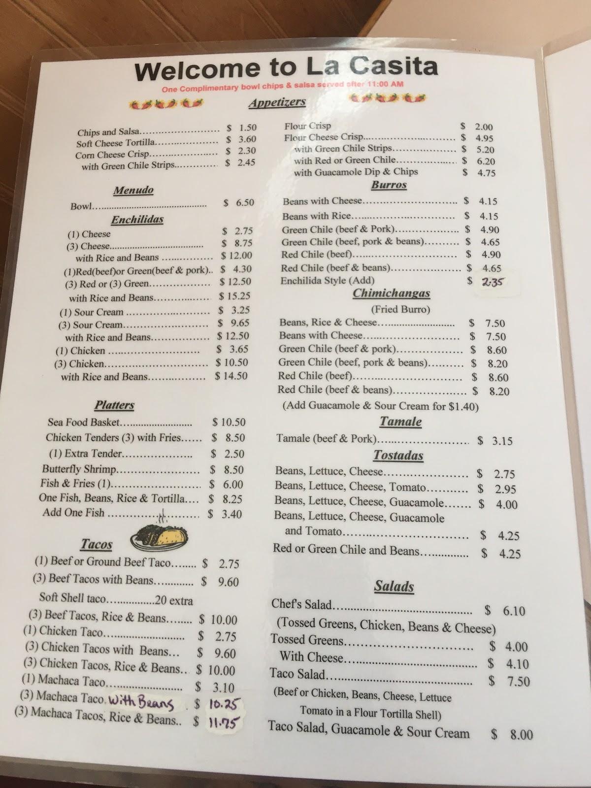 Menu at La Casita Cafe, San Manuel, 570 S Ave A