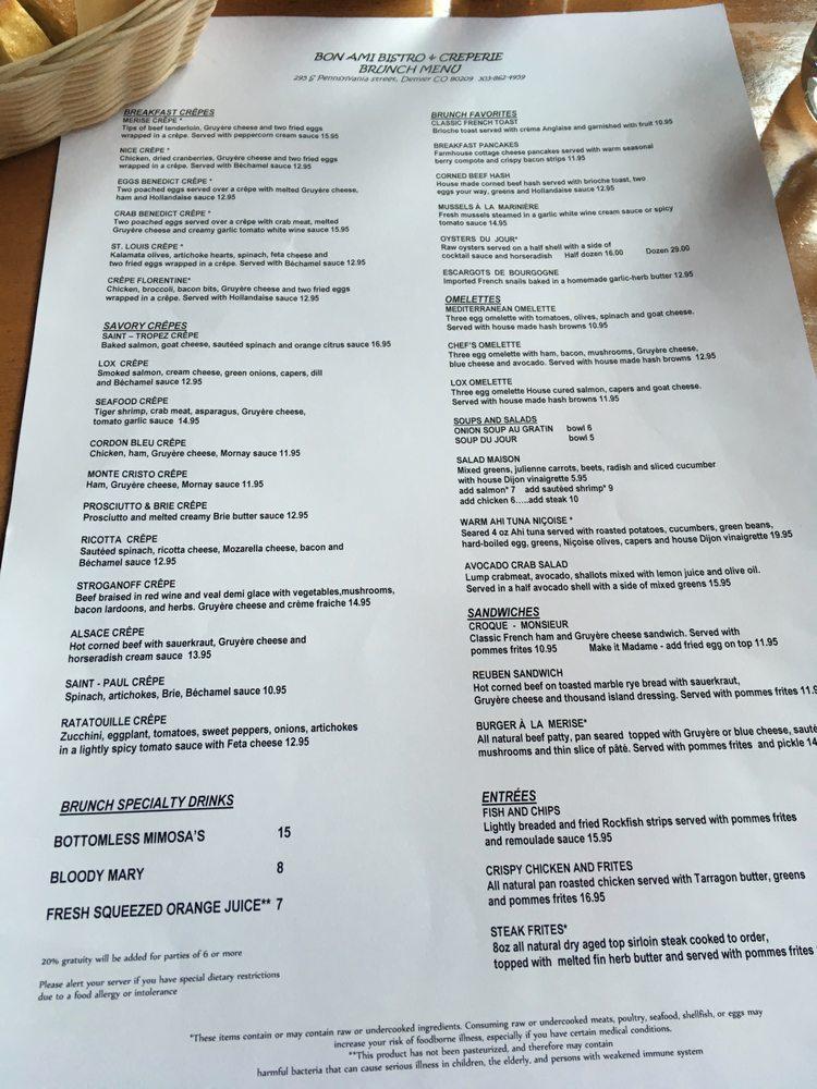 Menu at Bon Ami restaurant, Denver