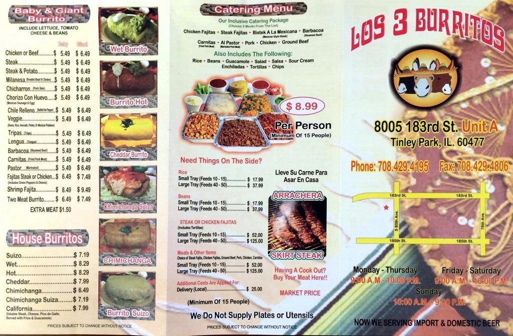 Menu at Los 3 Burritos #2 restaurant, Tinley Park, 183rd St