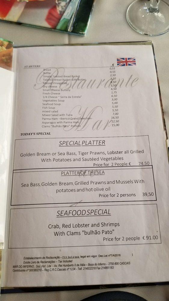 Menu em Mar do Inferno restaurante, Cascais, Avenida Rei Humberto II ...