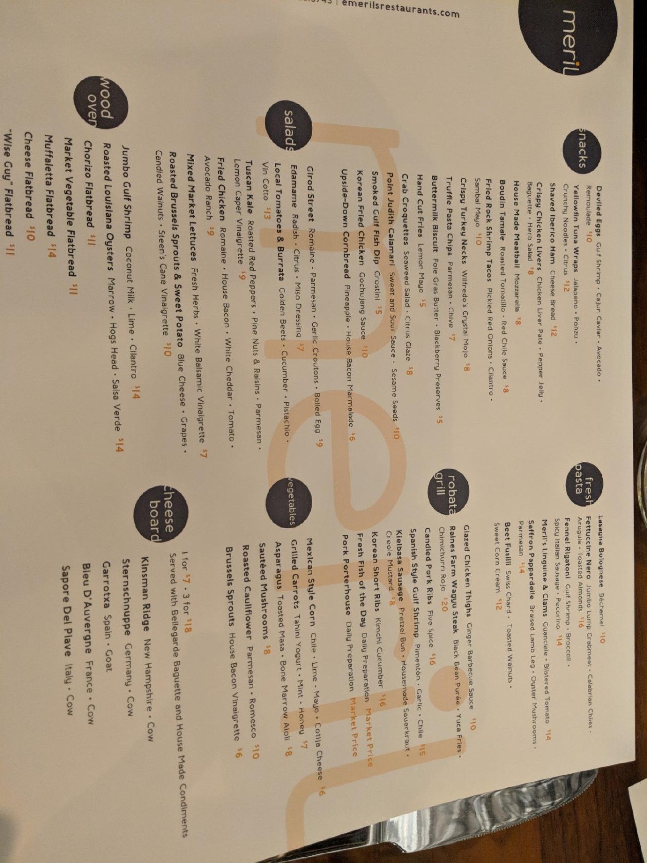 Menu at Meril restaurant, New Orleans