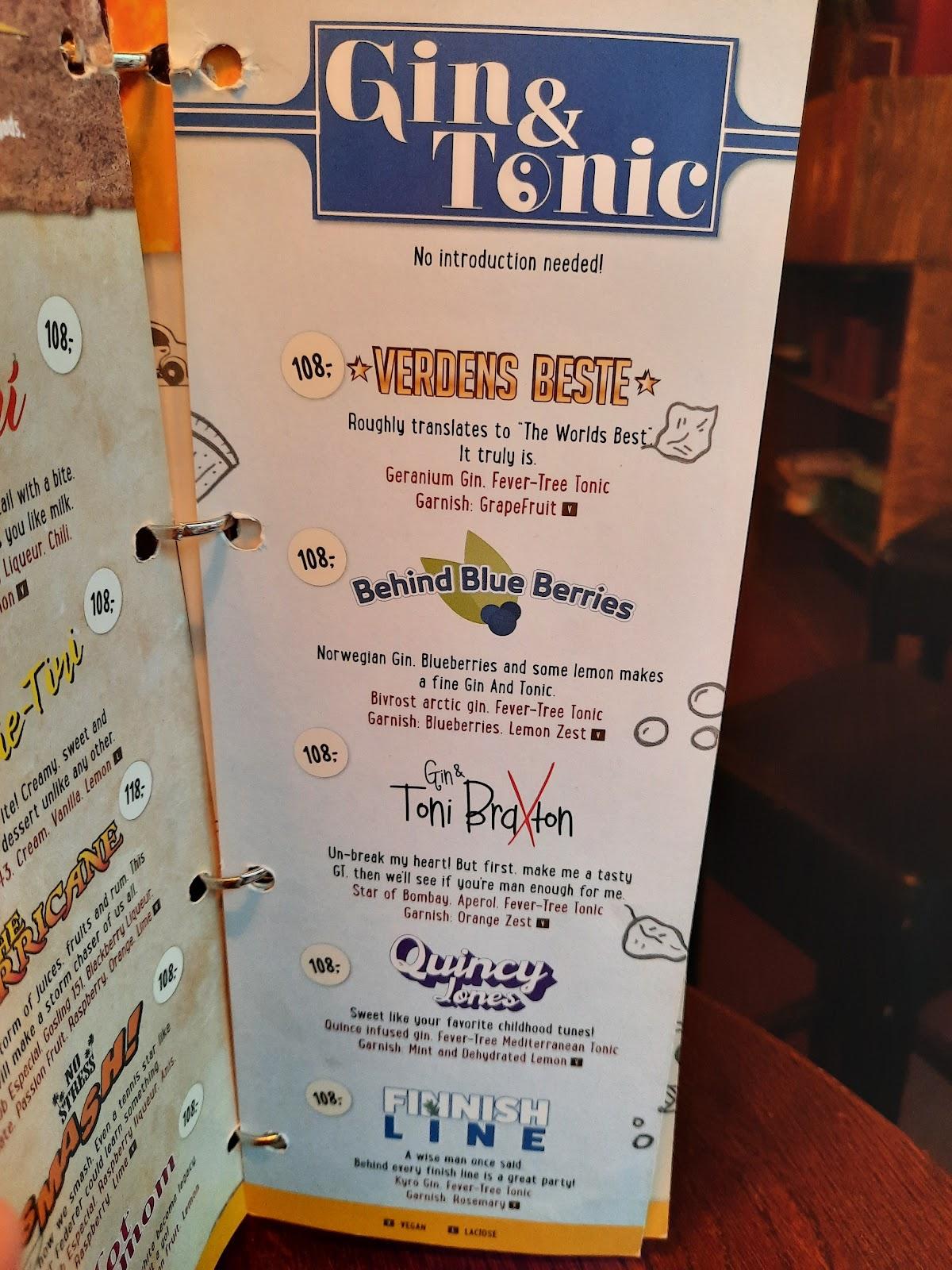 Menu at No Stress Bar, Copenhagen