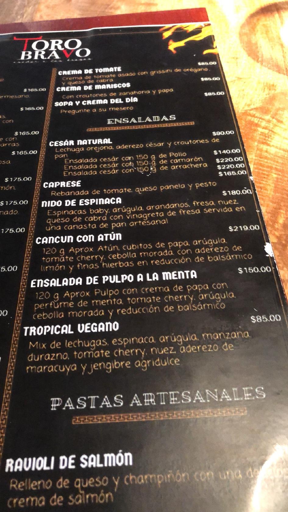 Carta de TORO BRAVO RESTAURANT, Villahermosa