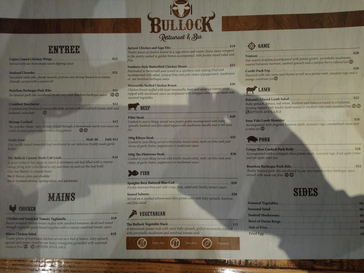 Menu at Bullock Restaurant & Bar, Timaru
