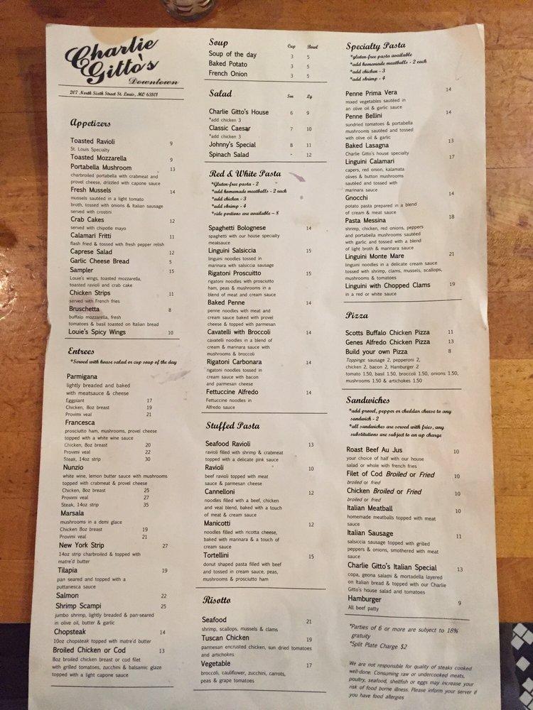 Menu at Charlie Gitto's Downtown restaurant, St. Louis, 207 N 6th St