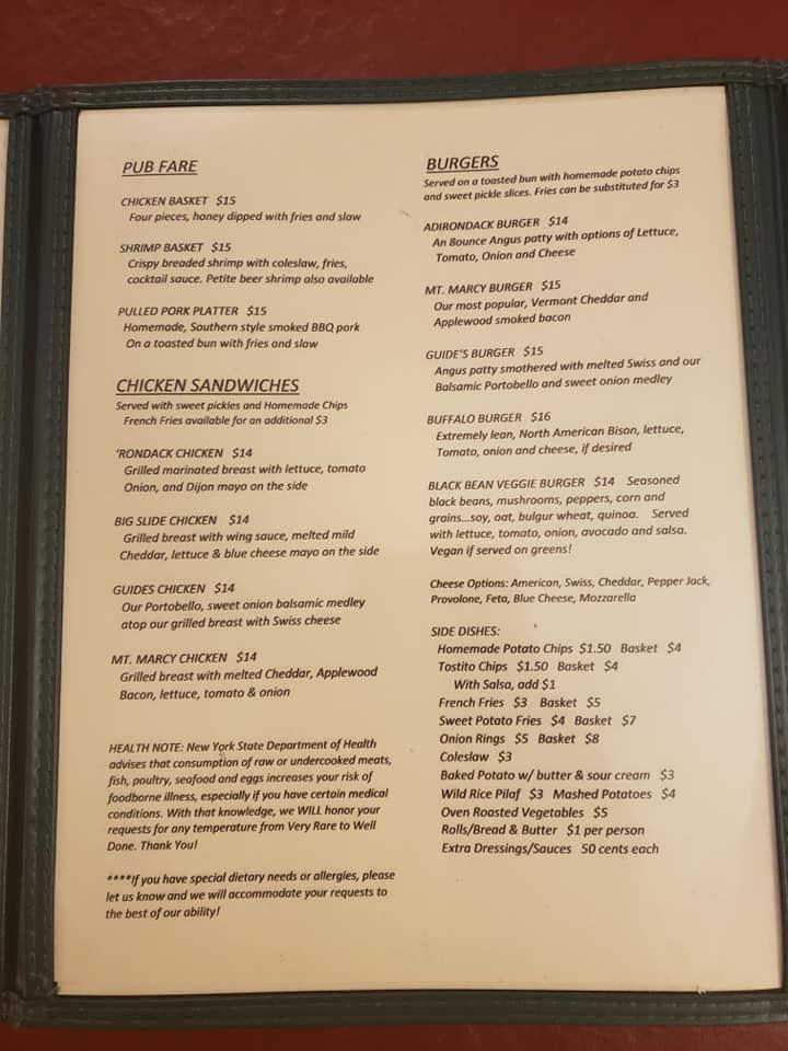 Menu at Ausable Inn pub & bar, Keene Valley