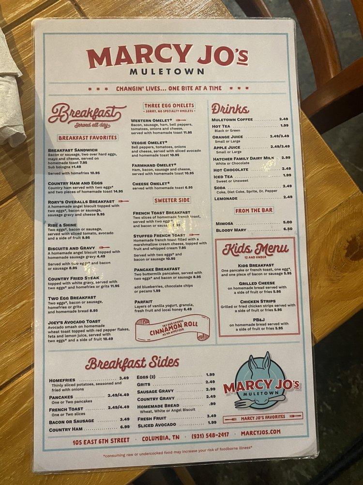 Menu at Marcy Jo's Muletown restaurant, Columbia