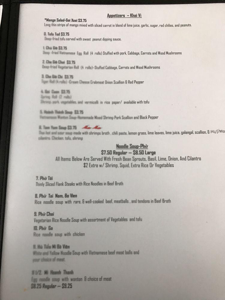 Menu at Pho Hong restaurant, Burlington