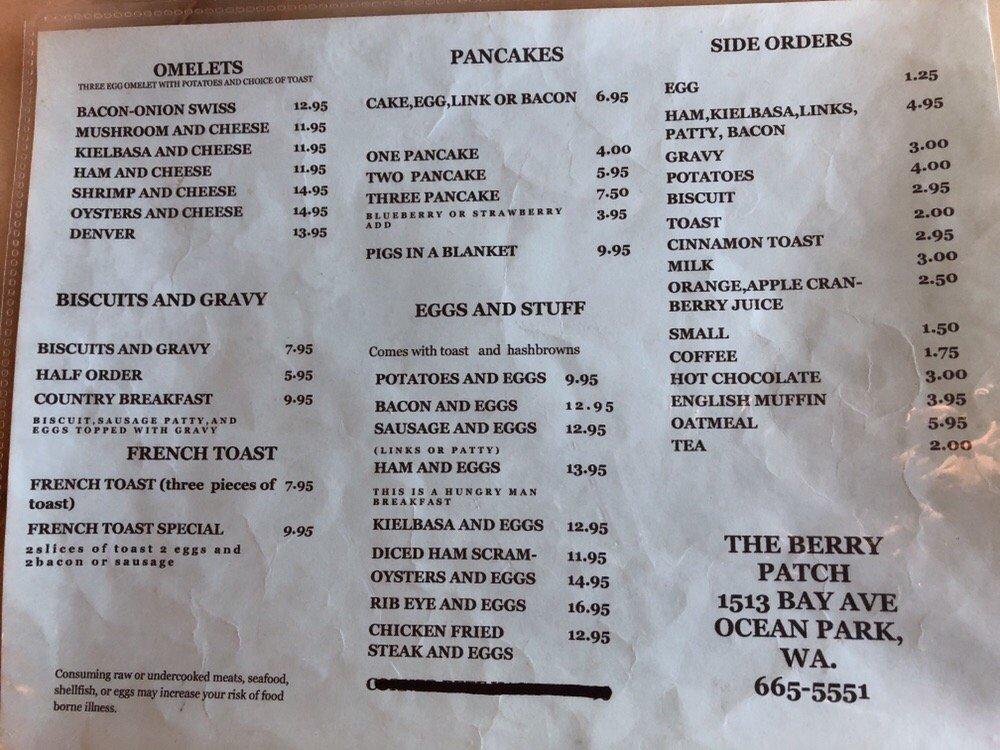 Menu at Berry Patch restaurant, Ocean Park