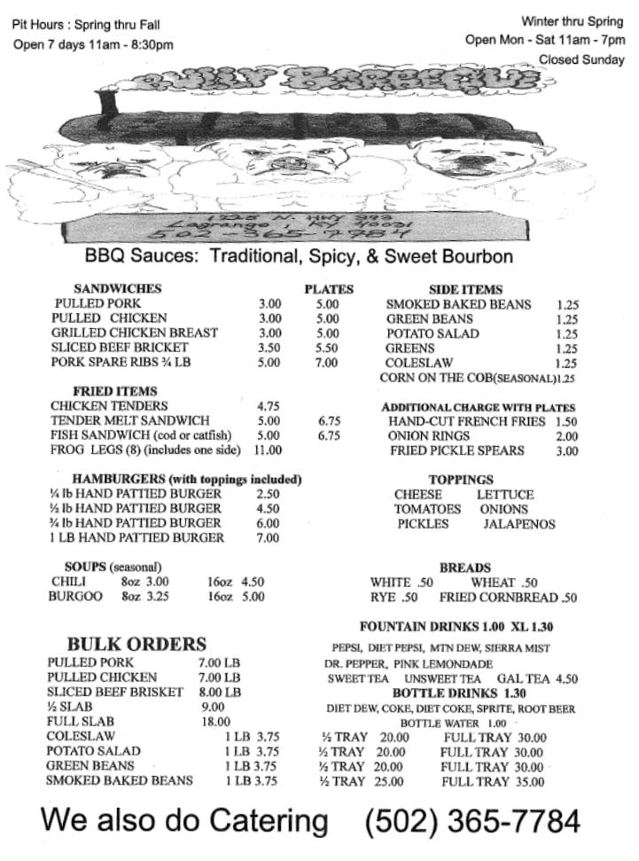 Menu at Bully Barbeque, La Grange, W U.S. Hwy 42