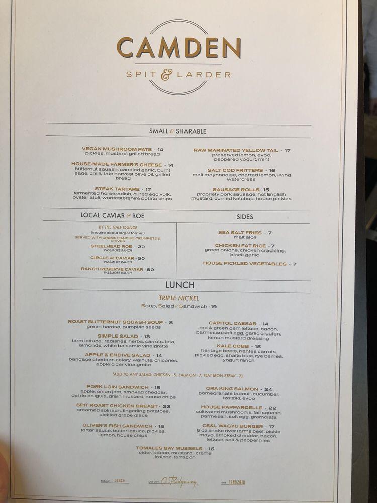 Menu at Camden Spit & Larder restaurant, Sacramento