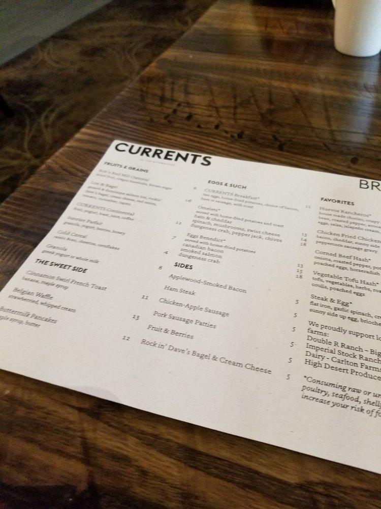 Menu at Currents at the Riverhouse restaurant, Bend