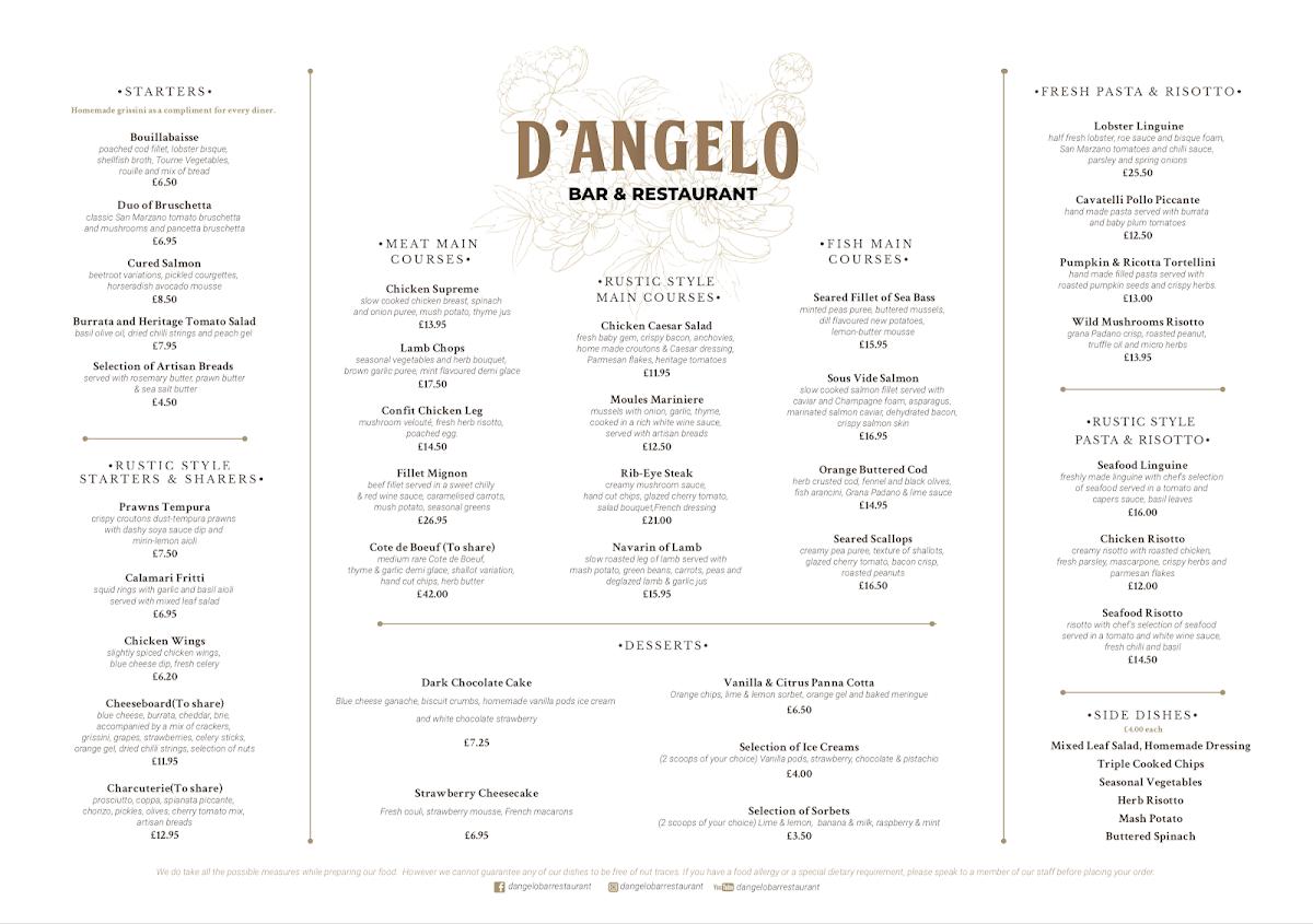 Menu at D'Angelo Bar & Restaurant, Orpington
