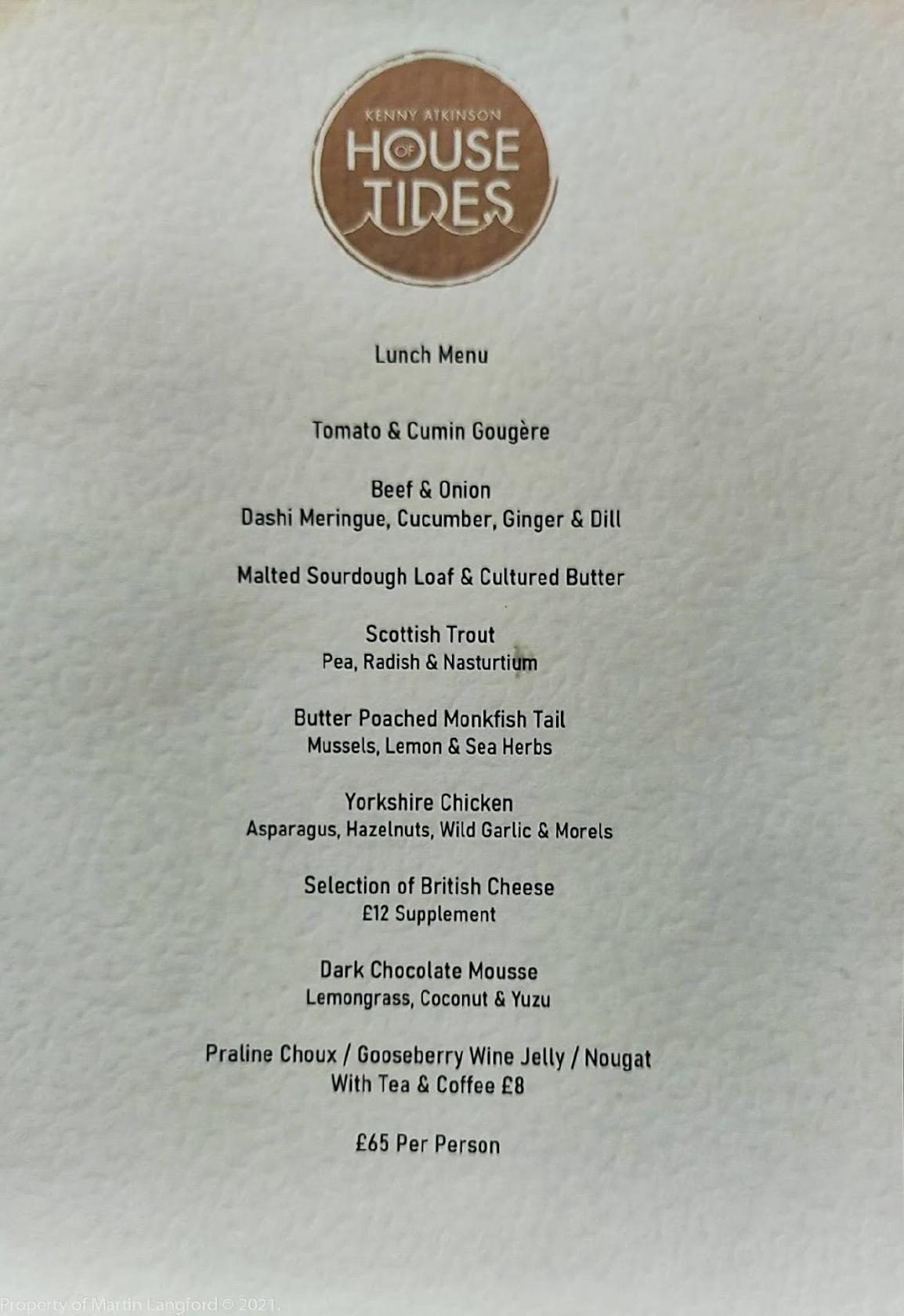 Menu at House of Tides restaurant, Newcastle upon Tyne