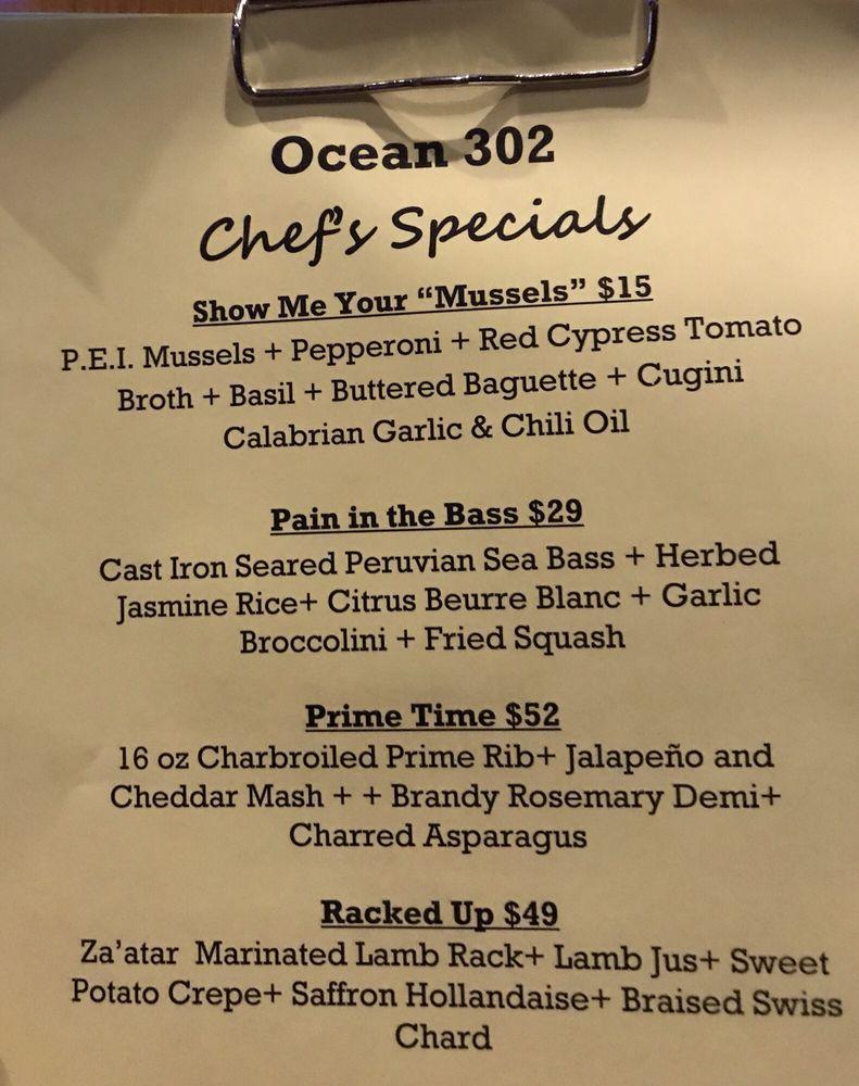 Menu at Ocean 302 steakhouse, Melbourne Beach