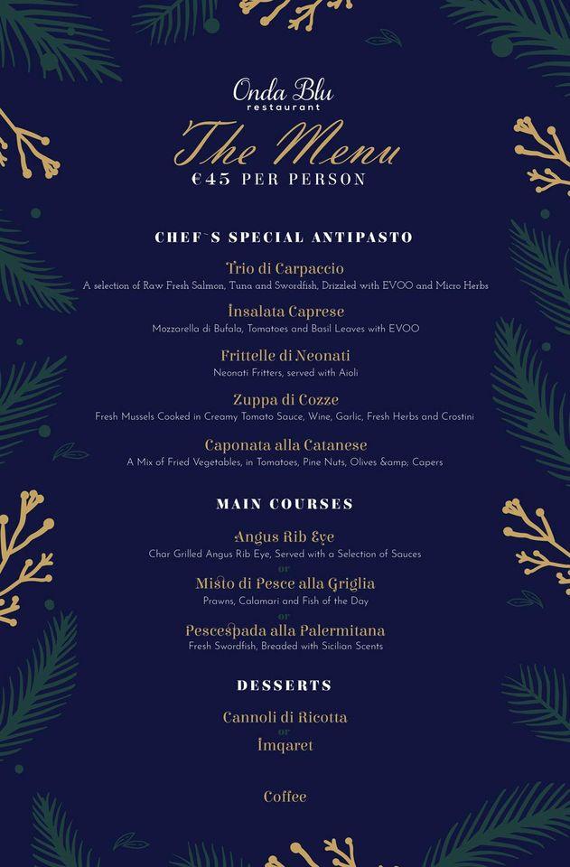 Menu at Onda Blu restaurant, Pieta