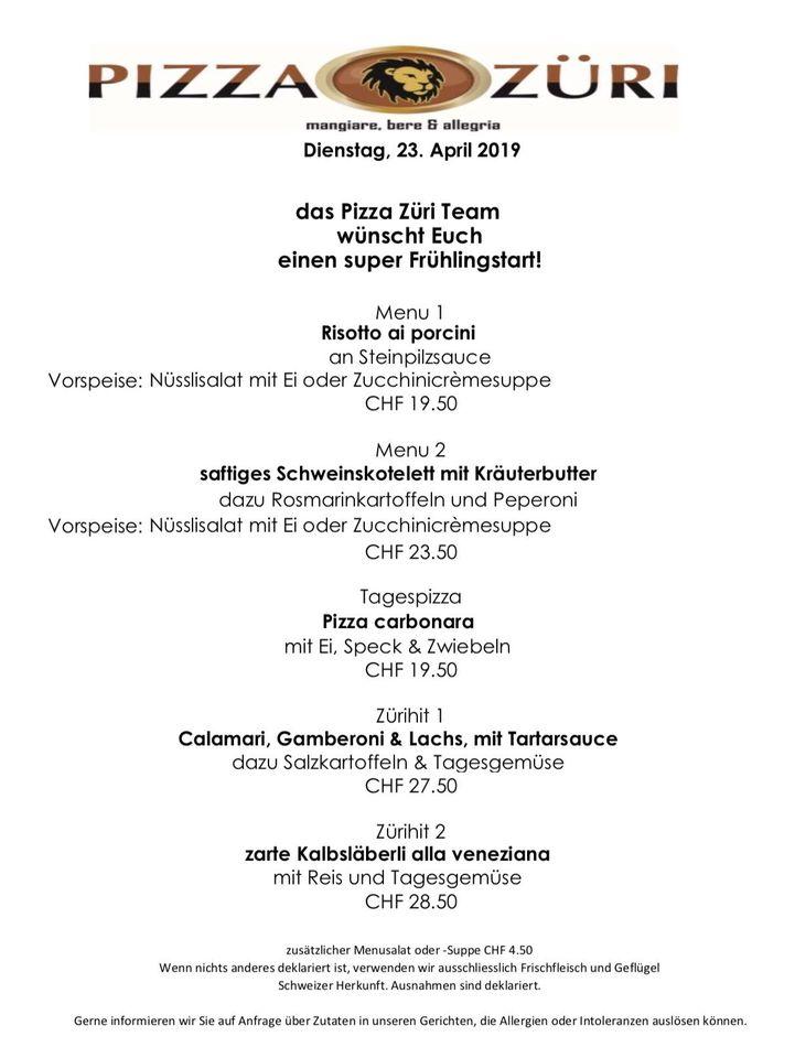 Menu at Pizza Züri, Zürich