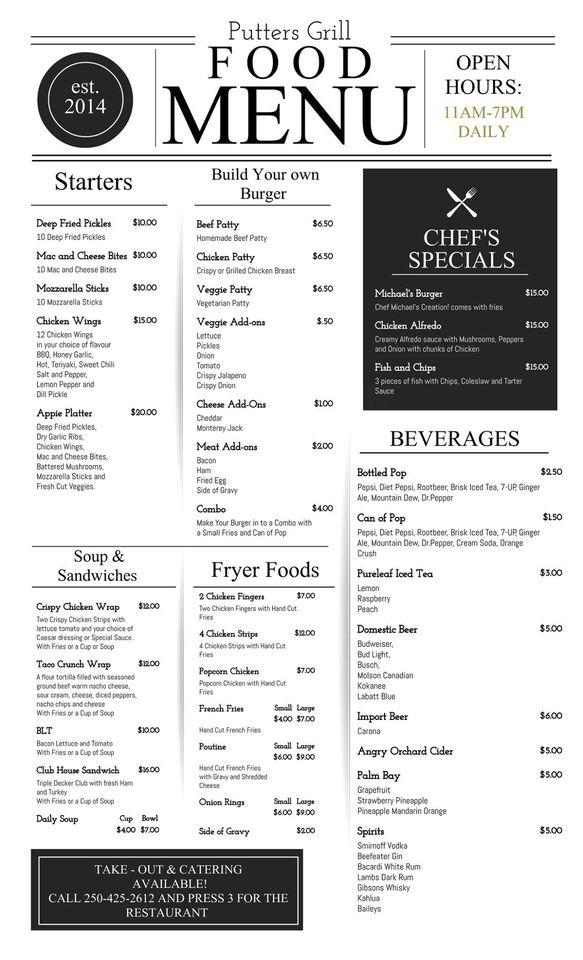Menu at Putters Grill Concessions, Sparwood