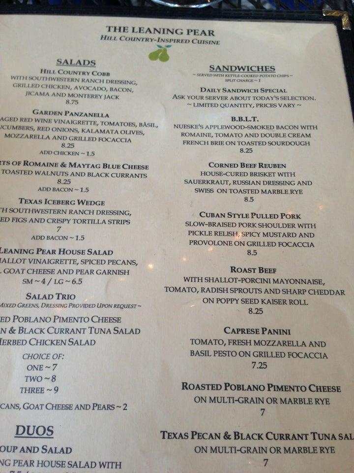 Menu at The Leaning Pear pizzeria, Wimberley
