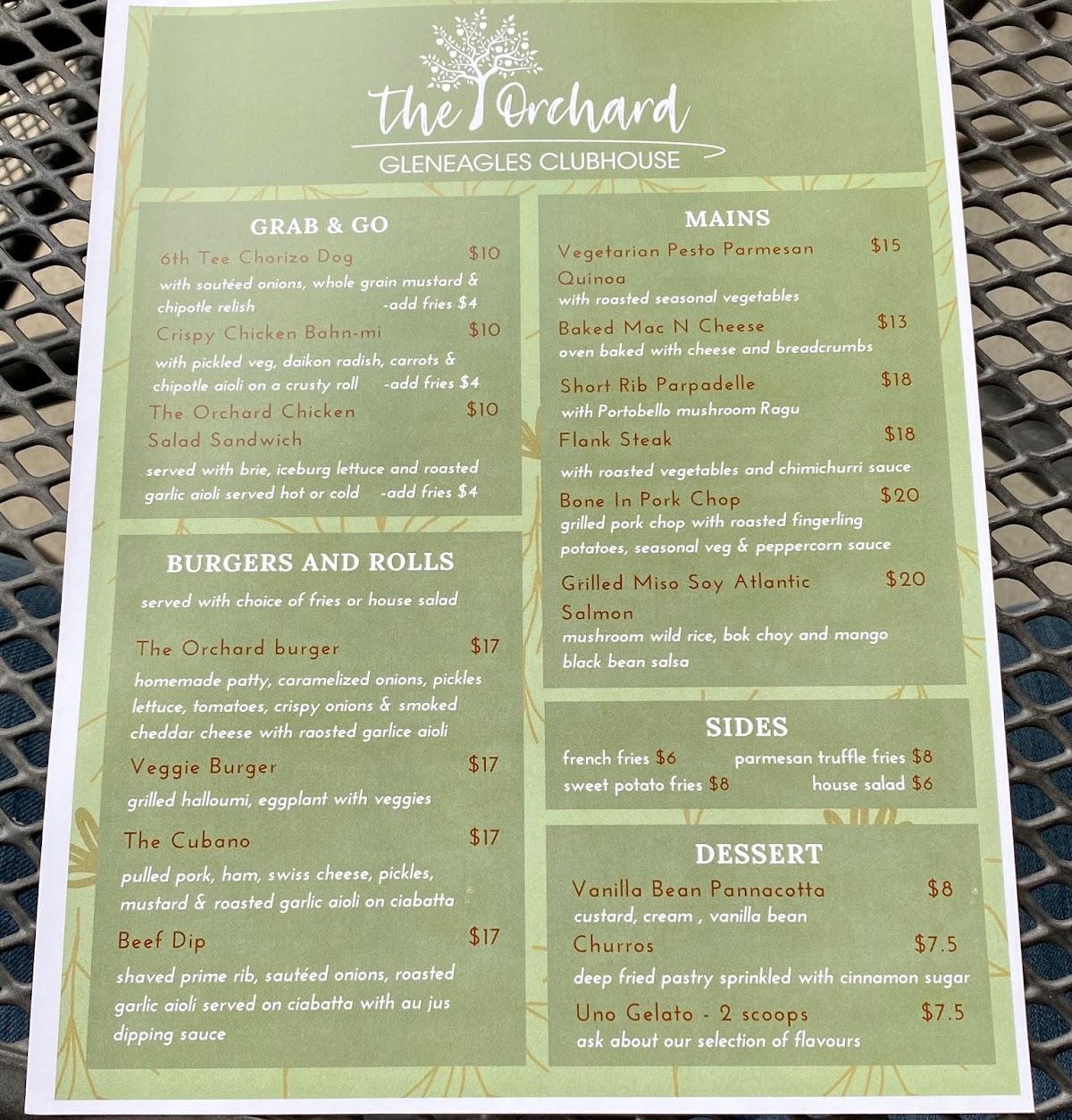 Menu au The Orchard restaurant, West Vancouver